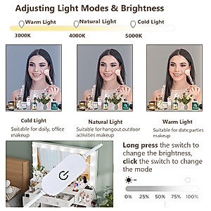 FURNJOYLIFE Farmhouse Makeup Vanity Desk with Lighted Mirror & Power Outlet, Vanity Dresser Table with 3 Lighting Modes Brightness Adjustable,7 Drawer,2 Shelves,Hair Dryer Stand for Bedroom,White