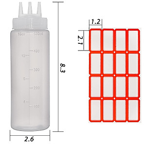 SOUJOY 16 Pack Condiment Squeeze Bottle, 16 Oz 3-Hole Kitchen Ketchup Squirt Bottle with Nozzle Tip and Label, Plastic Dispenser Container for Sauces, Paint, Oil, Salad Dressings, Arts and Crafts