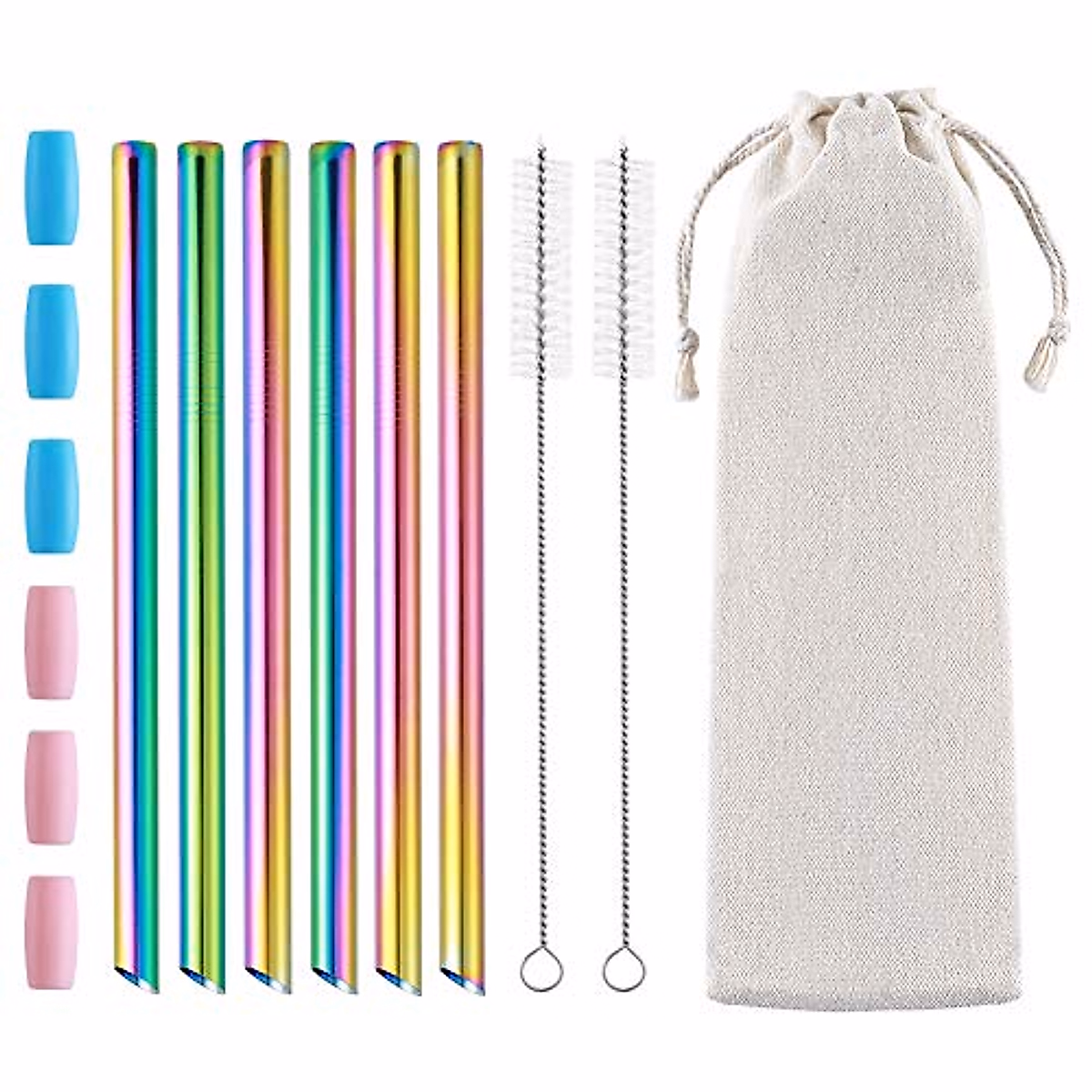 6 Pcs Reusable Boba Straws Smoothie Straws, 0.5" Wide Stainless Steel Straws, Angled Tips Metal Straws for Bubble Tea, Milkshakes, Smoothies with Cleanning Brush & Case (Rainbow)