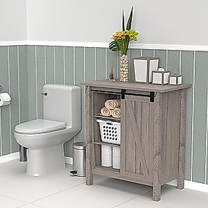 Landia Home Farmhouse Coffee Bar Cabinet with Sliding Barn Door, Accent Cabinet with 3 Tiers Shelves, Cabinet for Entryway, Living Room, Bathroom, and Kitchen, Grey