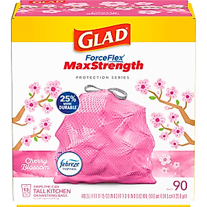 GLAD ForceFlexPlus Tall Kitchen Drawstring Trash Bags, 13 Gallon Pink Trash Bag for Kitchen Trash Can, Cherry Blossom Febreze Freshness and Leak Protection, 90 Count