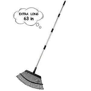 63” Garden Leaf Rake 38”-63”Adjustable Garden Rake,25 tines, Metal Rake for Quick Clean Up of Lawn and Yard
