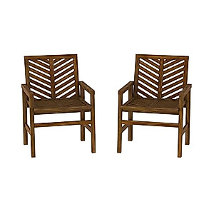 Walker Edison 2 Piece Outdoor Patio Chevron Wood Chair Set All Weather Backyard Conversation Garden Poolside Balcony, Set of 2, Dark Brown