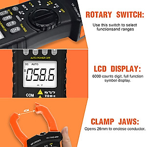 Wireless Bluetooth Clamp Meter, INFURIDER YF-7200APP 6000 Counts Auto-Ranging Digital Voltmeter Ammeter Measures DC AC Volt Amp Ohm Clamp on Multimeter with Capacitance,Temp,Diode Tester