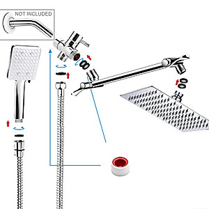 Shower Head, High Pressure Hydrojet Rainfall Shower Head / 6 Spray Settings Handheld Showerhead Combo with 11 inch Extension Arm, Anti-leak Shower Head with Holder, 1.5M Hose, Chrome