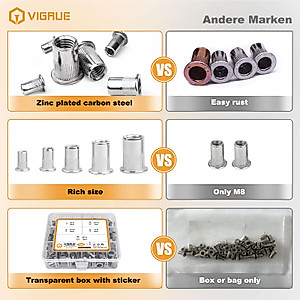 SAE Rivet Nuts Assortment, VIGRUE 185pcs #8-32#10-24 1/4"-20 5/16"-18 3/8"-16 304 Stainless Steel Nutserts Rivnuts Kit, Flat Head Threaded Insert Nut Assort
