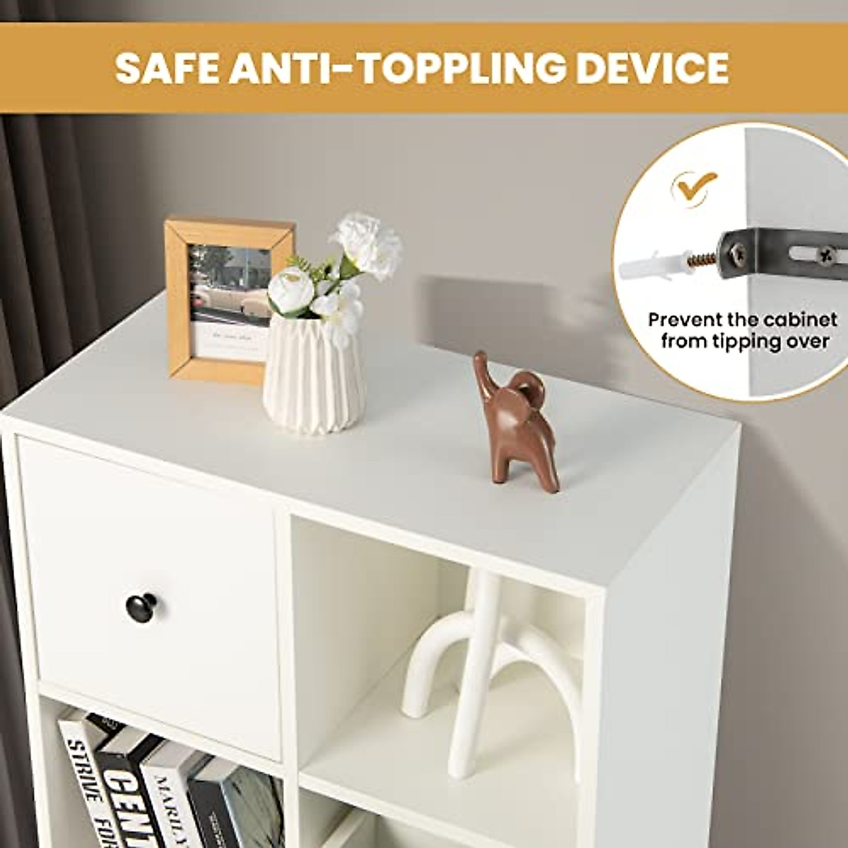 IFANNY 6 Cube Bookcase, 3 Tier Bookshelf with Drawers, Wood Storage Shelves, Modern Display Shelf, Cubical Book Cases, Small Book Shelf for Bedroom, Living Room, Home Office (White)