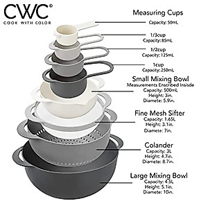 COOK WITH COLOR 8 Piece Nesting Bowls with Measuring Cups Colander and Sifter Set - Includes 2 Mixing Bowls, 1 Colander, 1 Sifter and 4 Measuring Cups, Gray