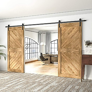 WINSOON 17FT Sliding Barn Wood Door Hardware Cabinet Closet Kit with 2PCS 12 Inch Sliding Barn Door Handles Black Hardware with Pull and Flush Barn Door Handle Set