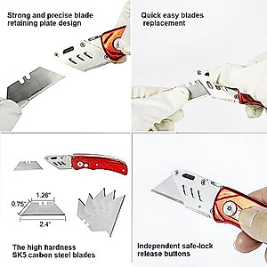 Folding Utility Knife/Box Cutter Stainless Steel with Clip + Nylon Pouch + 5 Extra SK5 Blades Red