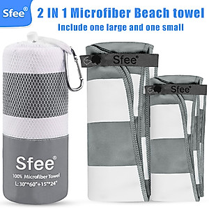 Sfee 2 in 1 Microfiber Beach Towel, Quick Dry Towel Camping Towel Travel Towel Super Absorbent Compact Lightweight Sports Towel Gym Towel Set for Beach, Gym, Hiking, Pool, Backpacking, Bath, Yoga