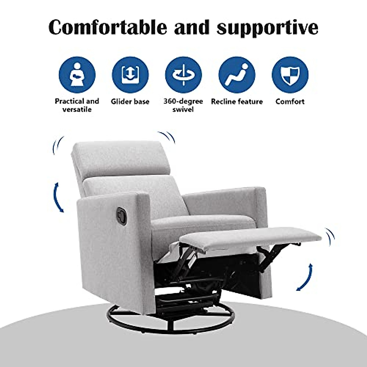 P PURLOVE Modern Upholstered Rocker Chair with Adjustable Backrest and Retractable Footrest, 360° Glider Swivel Recliner Chair, Glider Chair Easy to Assemble and Clean, Gray