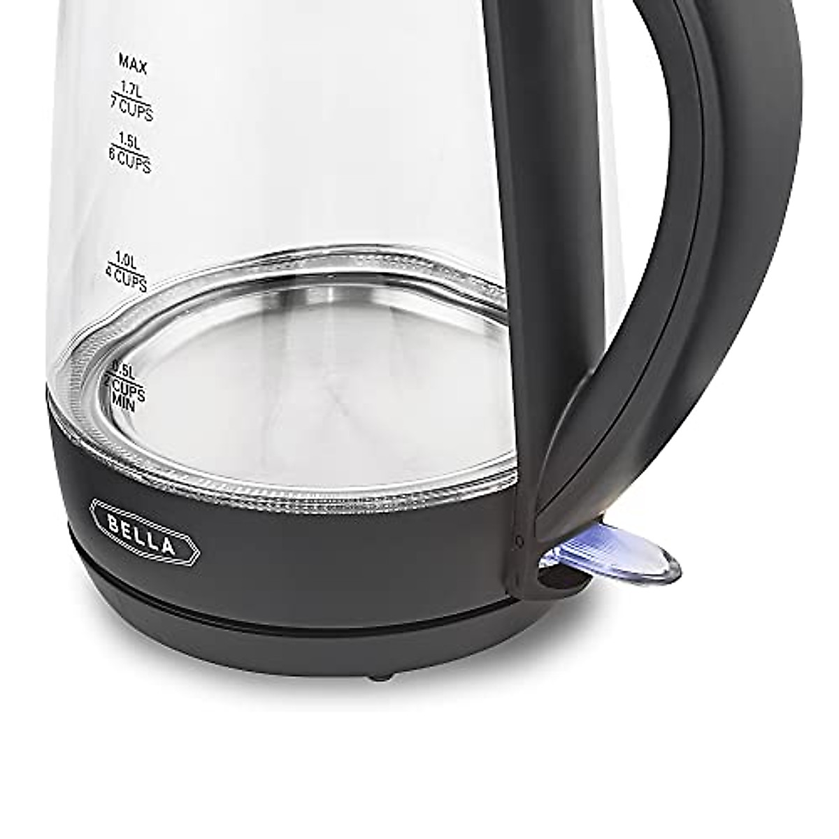 BELLA 1.7 Liter Glass Electric Kettle, Quickly Boil 7 Cups of Water in 6-7 Minutes, Soft Blue LED Lights Illuminate While Boiling, Cordless Portable Heater, Carefree Auto Shut-Off, Black