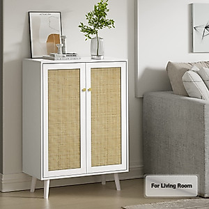 Anmytek Rattan Cabinet, 44" H Tall Sideboard Storage Cabinet with Crafted Rattan Front, Entryway Shoe Cabinet Wood 2 Door Accent Cabinet with Adjustable Shelves White, H0086