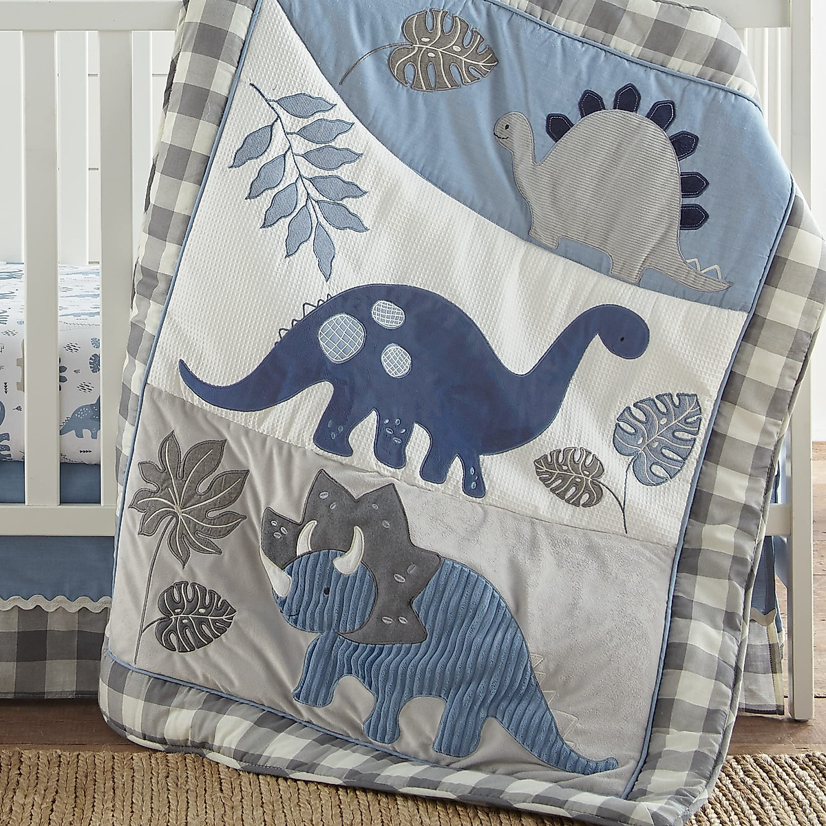 Levtex Baby - Kipton Crib Bed Set - Baby Nursery Set - Grey, White and Blue - Dinosaurs and Leaves - 4 Piece Set Includes Quilt, Fitted Sheet, Wall Decal & Skirt/Dust Ruffle