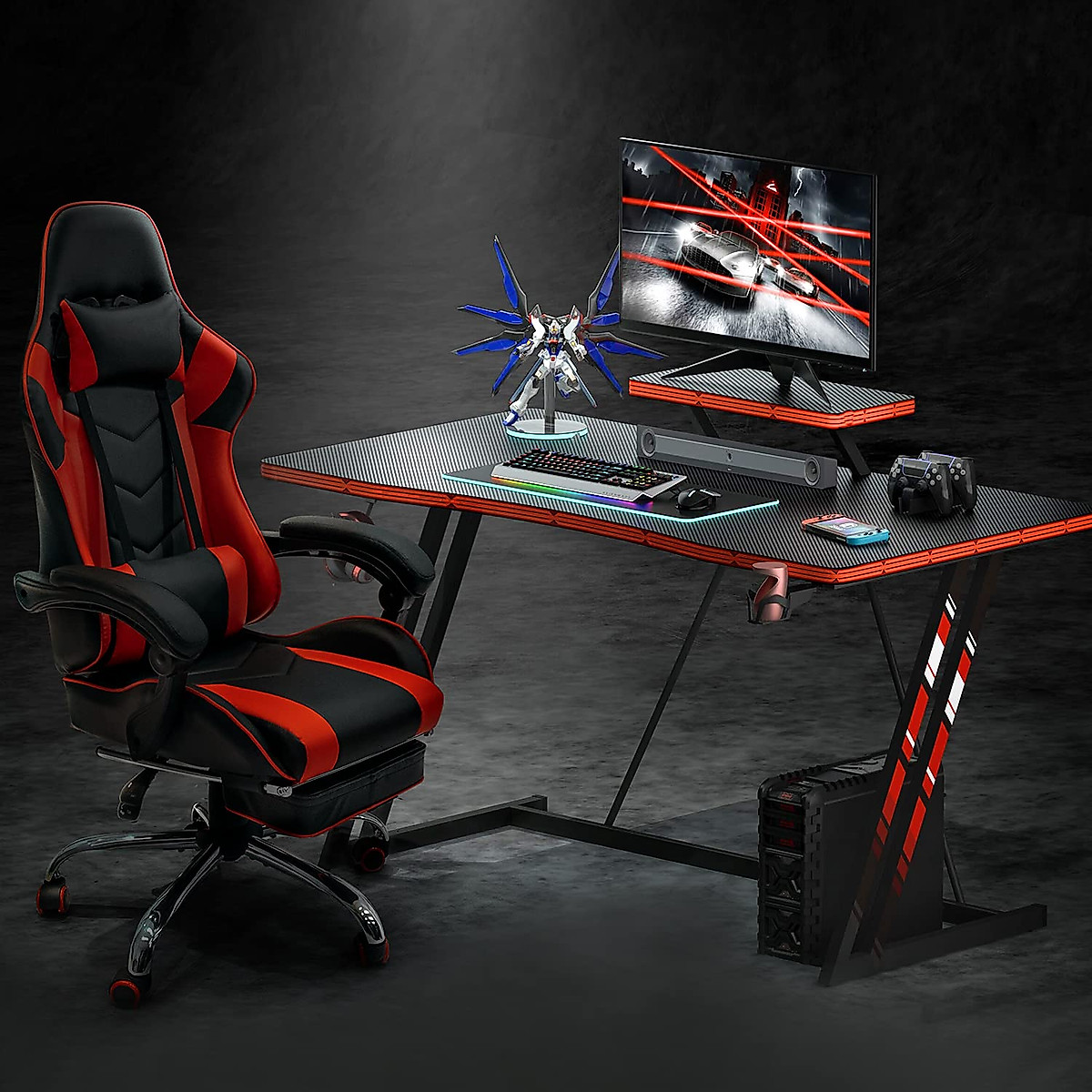 Furmax 40 inch Gaming Desk PC Computer Table Racing Style Home Office Desk Z Shaped Carbon fiber desktop Gamer Workstation with Monitor Stand Cup Holder and Headphone Hook (40 inch)