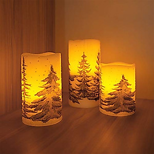 Wondise Flickering Flameless Pillar Candles with Timer, Battery Operated Real Wax Warm Light Christmas Tree Pine Tree Decal Candle for Home Decoration Christmas Gifts, Set of 3(D3 x H4/5/6 Inch)