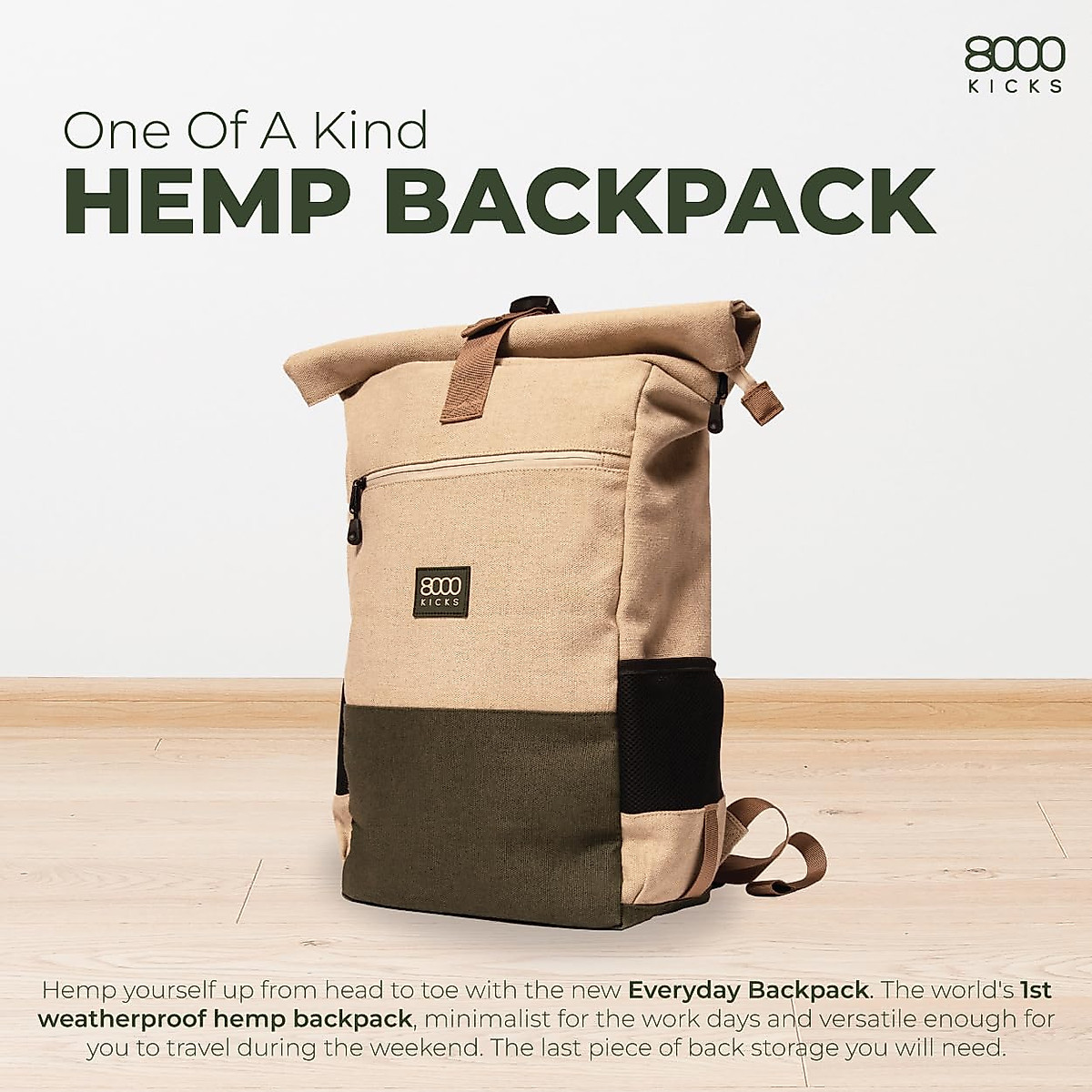 8000Kicks Everyday Hemp Backpack - Lightweight and Weatherproof Backpack for Work and Travel with Anti-theft pocket and Spacious Interior (Navy)