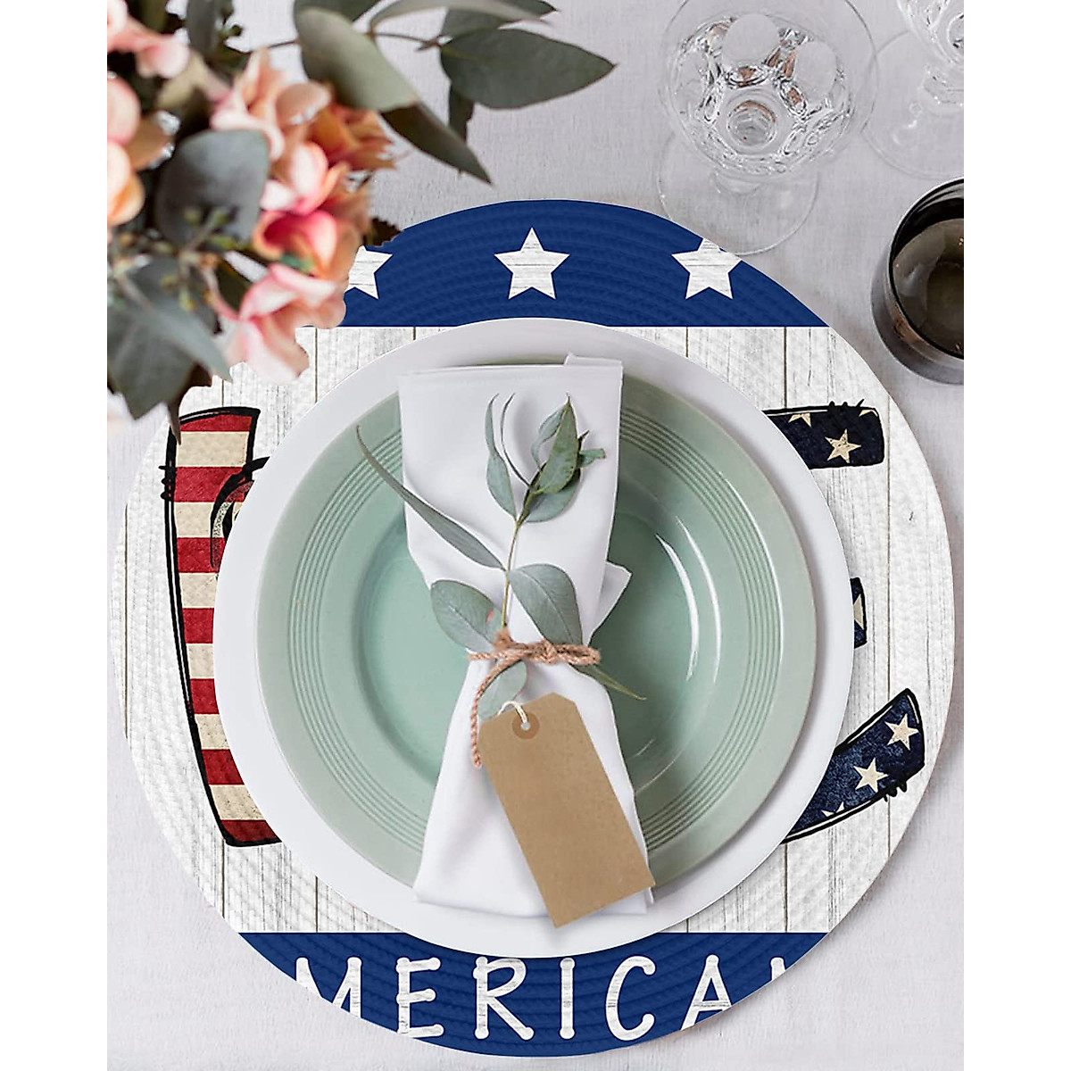 Round Placemats for Dining Table Set of 6 American Flag Patriotic Stars July 4th Place Mats Circle Woven Placemat Love American Wooden Patriotic Braided Table Mat for Kitchen Dinner Party 13 Inch
