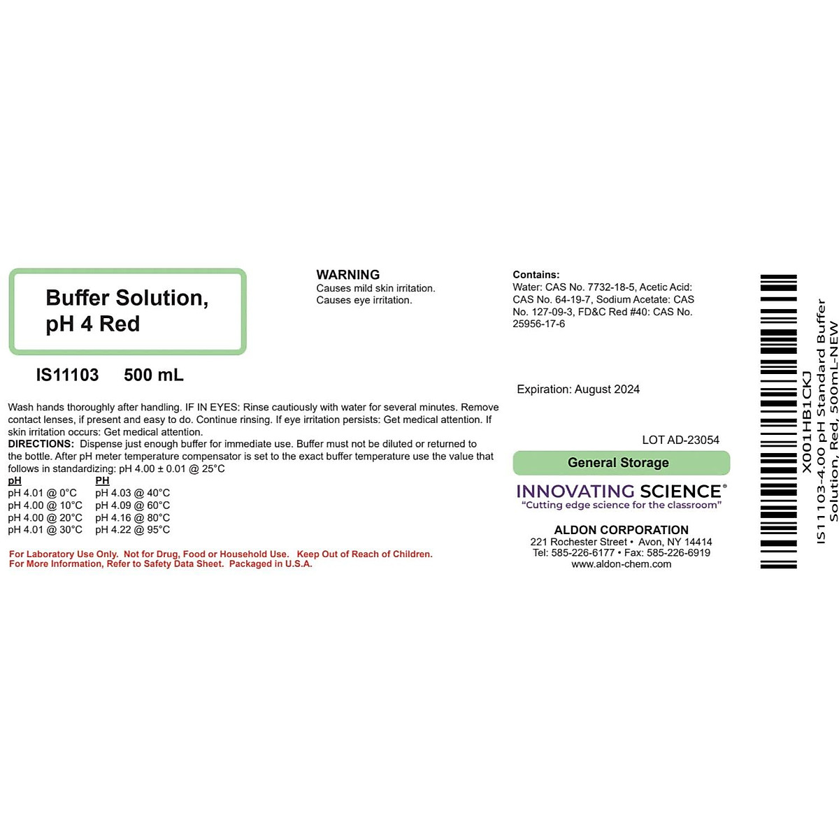 ALDON Innovating Science 4.00 pH Standard Buffer Solution, Red, 500mL - The Curated Chemical Collection