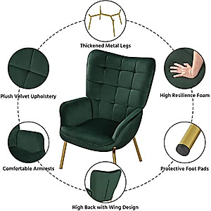 Yaheetech Armchair, Modern Accent Chair High Back, Vanity Chairs with Gold Metal Legs and Soft Padded, Tufted Sofa Chairs for Home Office/Bedroom/Makeup Room/Dining Room, Green