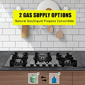 Tymetik Gas Cooktop 30 Inch, Built-in Tempered Glass Gas Stovetop 5 High Efficiency Burners Gas Stove Top Propane/Natural Gas Convertible Gas Hob (Black)