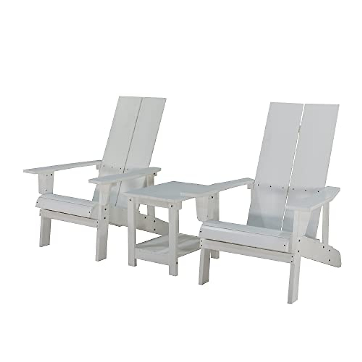 Key West 3 Piece Outdoor Patio All-Weather Plastic Wood Adirondack Bistro Set, 2 Adirondack Chairs, and 1 Small, Side, end Table Set for Deck, Backyards, Garden, Lawns, Poolside, and Beaches, White