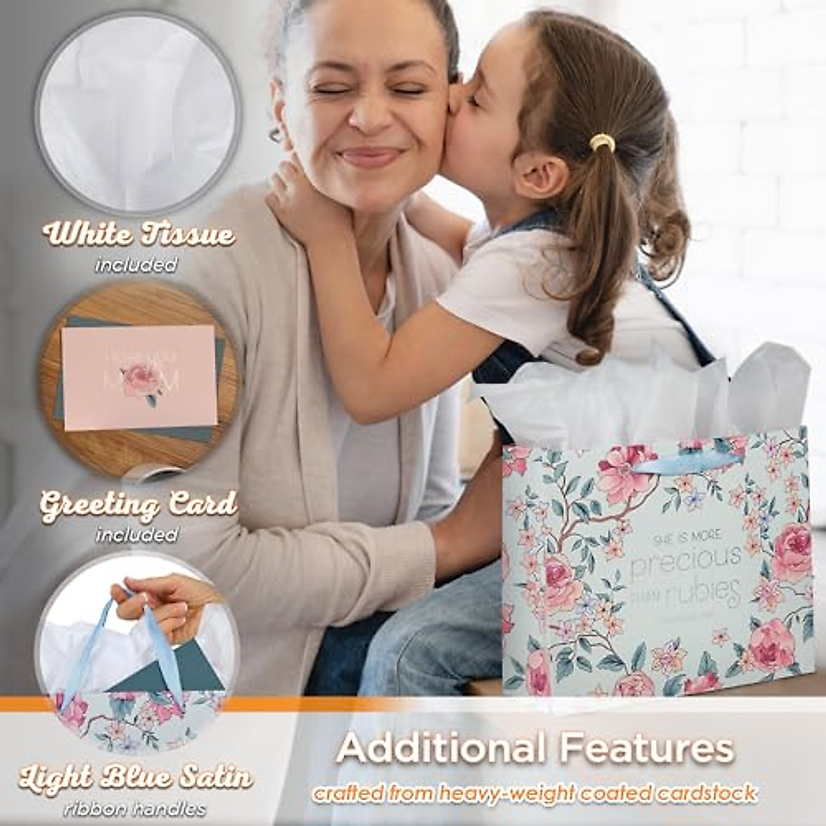Christian Art Gifts Large Landscape Gift Bag for Moms w/Greeting Card & Tissue Paper Set: More Precious Than Rubies - Prov. 3:15 Inspirational Bible Verse for Mother's Day, Birthdays, Blue/Pink, Large