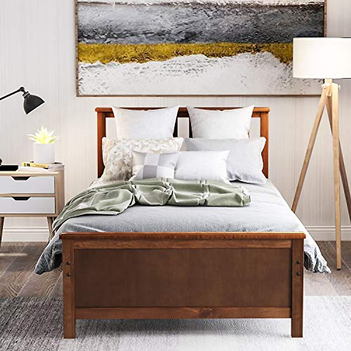 MERITLINE Twin Bed Frame, Wood Platform Bed with Headboard and Footboard, No Box Spring Needed, Walnut