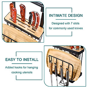 Eastore Life Hanging Knife Holder with 4 Hooks, Knife Block with Cutting Board Holder, Stainless Steel in Black Finish, Hanging Rod Included, Easy to Install