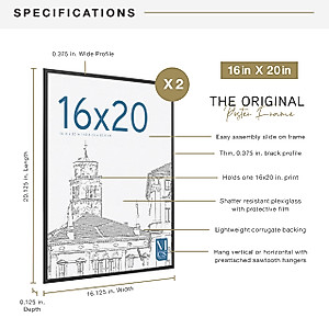 MCS Original Poster Frame 16x20 Black Lightweight Vertical & Horizontal Wall Hanging Large Picture Frame for Posters, Art Prints & Gallery Wall (2-Pack)