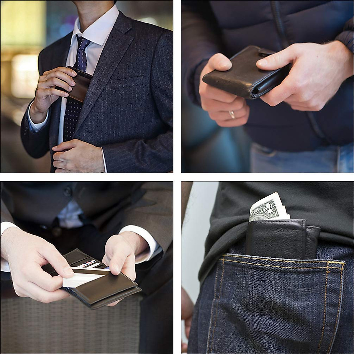 Amosfun Button Wallets for Men snap Wallet with Zipper Coin Pocket Mens Leather- Mens Wallet Buckle Stitching Wallet Coin- Purse Storage Bag (Black)