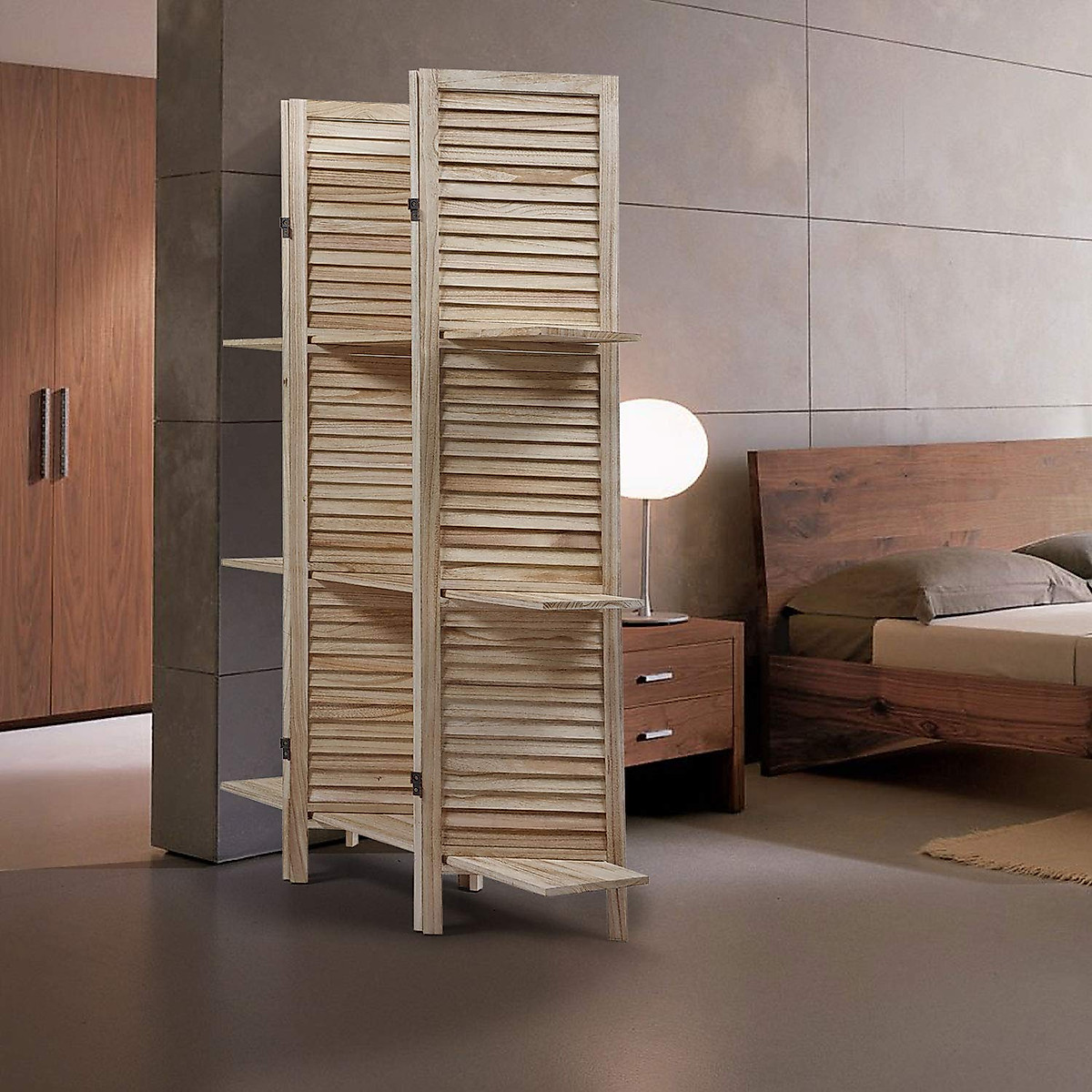 JAXPETY 4-Panel Wood Louvered Room Divider with Wide Transverse Boards, 5.6 Ft Tall Oriental Folding Freestanding Privacy Screen Room Dividers for Home, Office and Bedroom, Nature