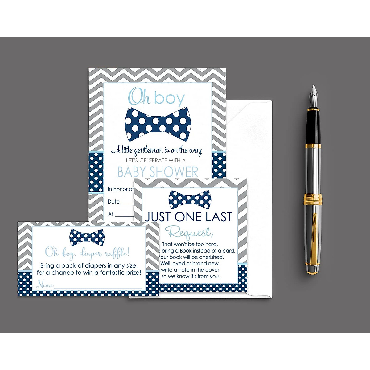 Paper Clever Party Bow Tie Baby Shower Invitation Bundle with Blank Invites with Envelopes for Boys, Diaper Raffle Insert Bring a Book Cards Set (25 of Each) Little Man Theme Blue and Grey