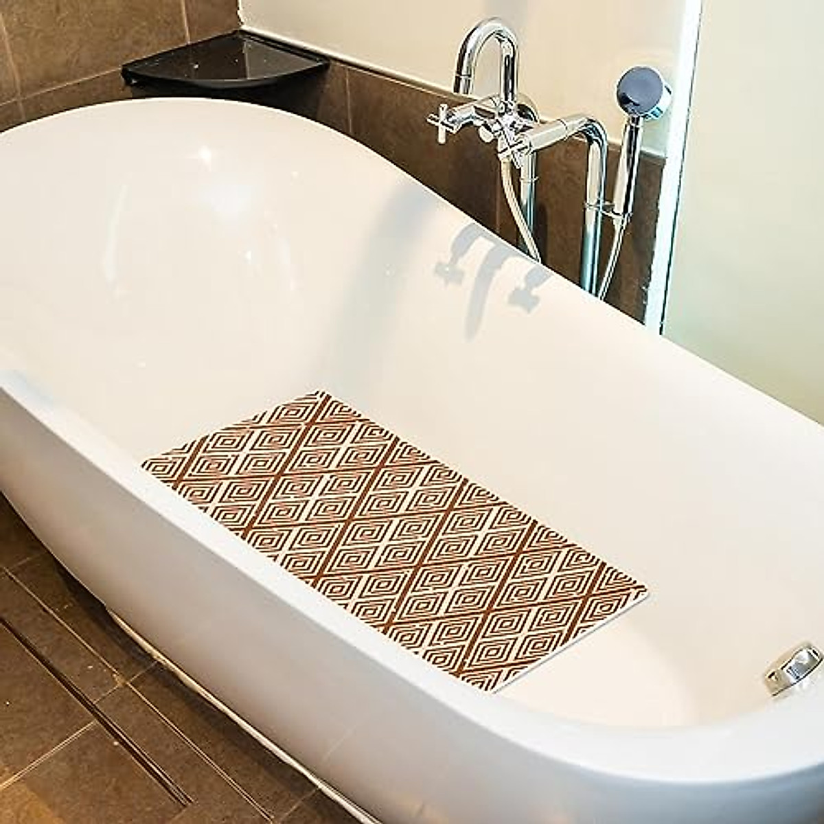 Bath Tub Shower Mat - Anti-Slip PVC Material 15.1x26.8 in, Gentle Cushioning Quick Drying Suction Cups Reliable Solution - Geometric Diamond Pattern - Brown Non-Slip Floor Mat