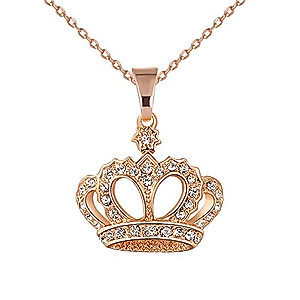 TenDollar Charm Wedding Queen Long Chain Rhinestones Crystal Crown Pendant Necklace (Gold)