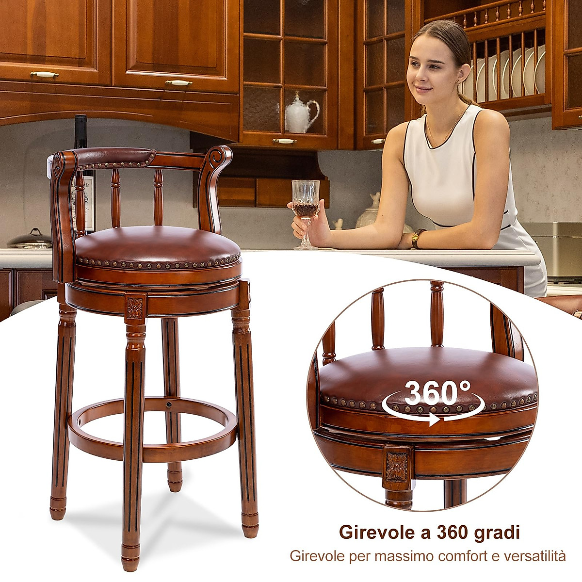 AULIFE Cow top Leather Wooden Bar Stools, 360 Degree Swivel Bar Height Chair with Backs for Home Kitchen Counter, Morden Chair Barstools (Brown 1pc, Bar Height-Seat Height 29.5”)