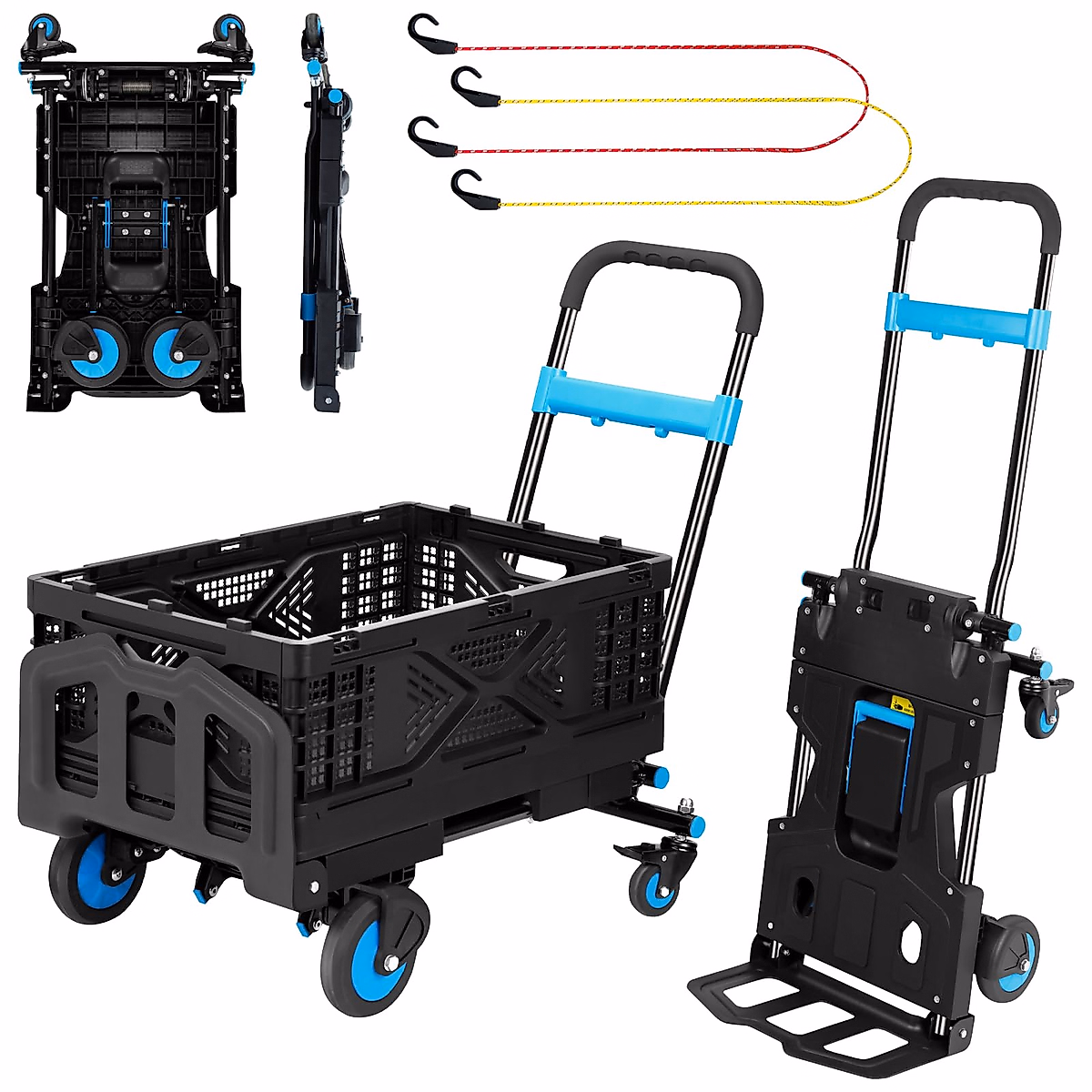 LemoHome Folding Hand Truck Dolly with Basket,Heavy Duty Truck Dolly,330LB Capacity Foldable Hand Cart,Portable Dolly with Telescoping Handle and Rubber Wheels,Dolly Cart with Bungee Cords for Moving