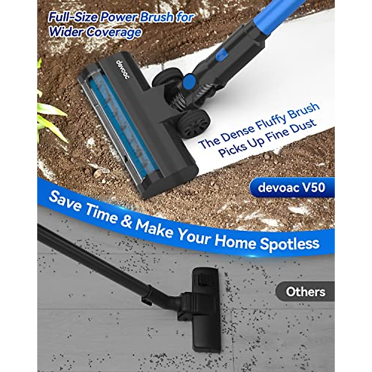 DEVOAC Cordless Vacuum Cleaner, 6 in 1 Stick Vacuum Cleaner with Powerful Suction, Lightweight Vacuum Cleaner with Rechargeable Battery, Convenient Handheld Vacuum for Carpet Hard Floor Pet Hair Home