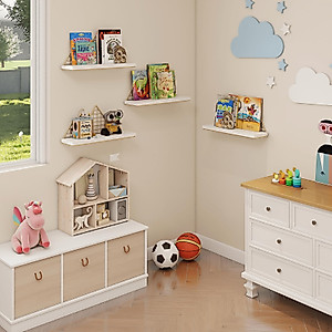 Homode Floating Shelves, Set of 2 Mountain Shelves Wall Decor, Metal and Wood Hanging Shelves Woodland Bookshelf for Nursery, Kids Room, Bathroom, Bedroom, White and Gold