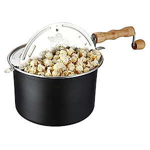 Stovetop Popcorn Maker – 6.5-Quart Popper Pan with Wooden Crank Handle and Internal Kernel Stirrer by Great Northern Popcorn (Black)