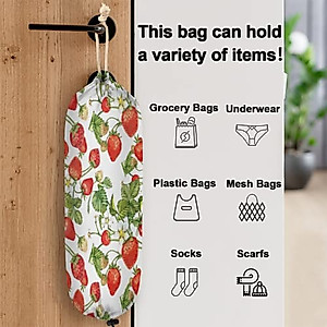 Strawberry Leaves Plastic Bag Holder, Strawberry Flowers Wall Mount Plastic Bag Organizer with Drawstring Grocery Shopping Bags Storage Dispenser for Home Kitchen Farmhouse Decor, 22X9 Inch