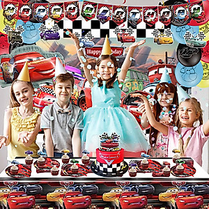 Cars Birthday Party Supplies, Lightning McQueen Birthday Party Supplies Decorations Include Banner, Foil Balloons, Tablecloth, Plates, Backdrop and Forks for Kids