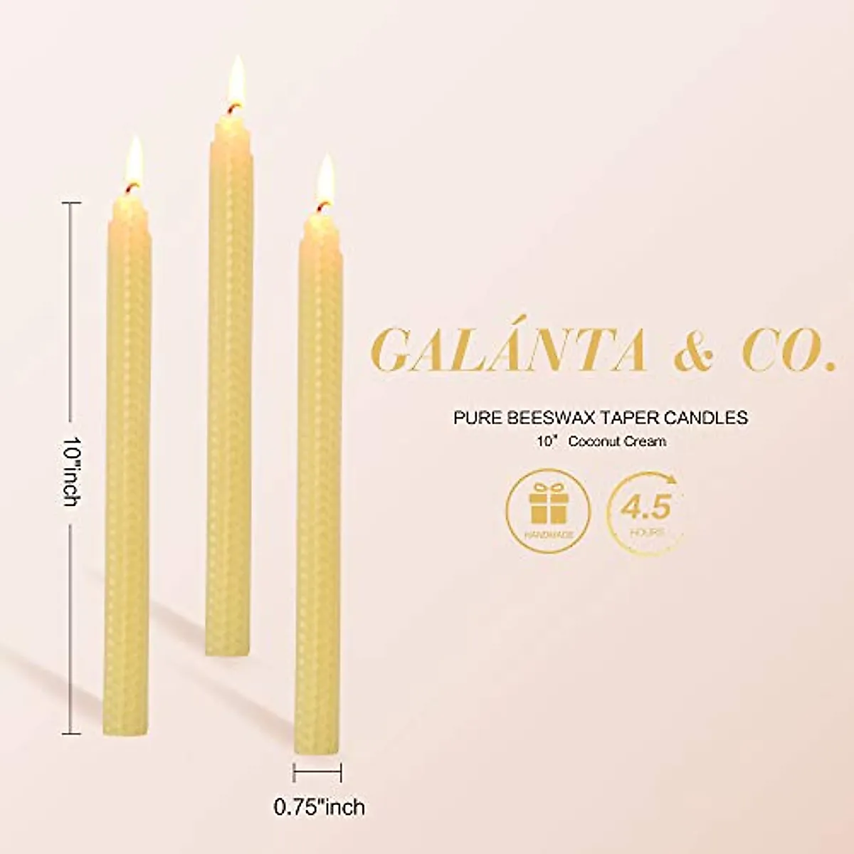 100% Pure Beeswax Handmade Taper Candles (Coconut Cream) - 10 Inch Smokeless Dripless Pair - Natural Subtle Honey Smell - Elegant Honeycomb Design — by Galánta & Co.