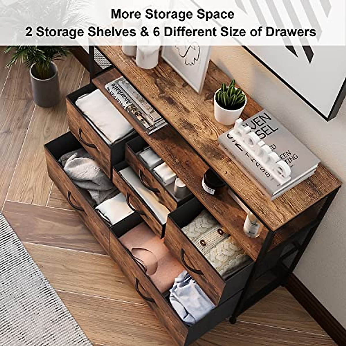Simoretus TV Stand with Power Outlet and Fabric Drawers Entertainment Center for TV up to 45 inch Industrial Open Storage Shelf Media Console Dresser for Living Room Bedroom