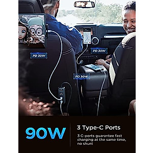 AINOPE 90W USB C Car Charger 6-Port, Super Fast USB Car Charger Fast Charging, PD 30W & QC3.0 Cigarette Lighter Car USB Charger Multi Port with 5FT Cable for iPhone 14/iPad Pro/Samsung S23 Ultra