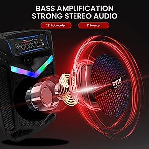 Pyle Portable Bluetooth PA Speaker System - 800W Rechargeable Outdoor Bluetooth Speaker Portable PA System w/ 12” Subwoofer 1” Tweeter, Recording Function, Mic In Party Lights USB/SD Radio- PPHP1242B