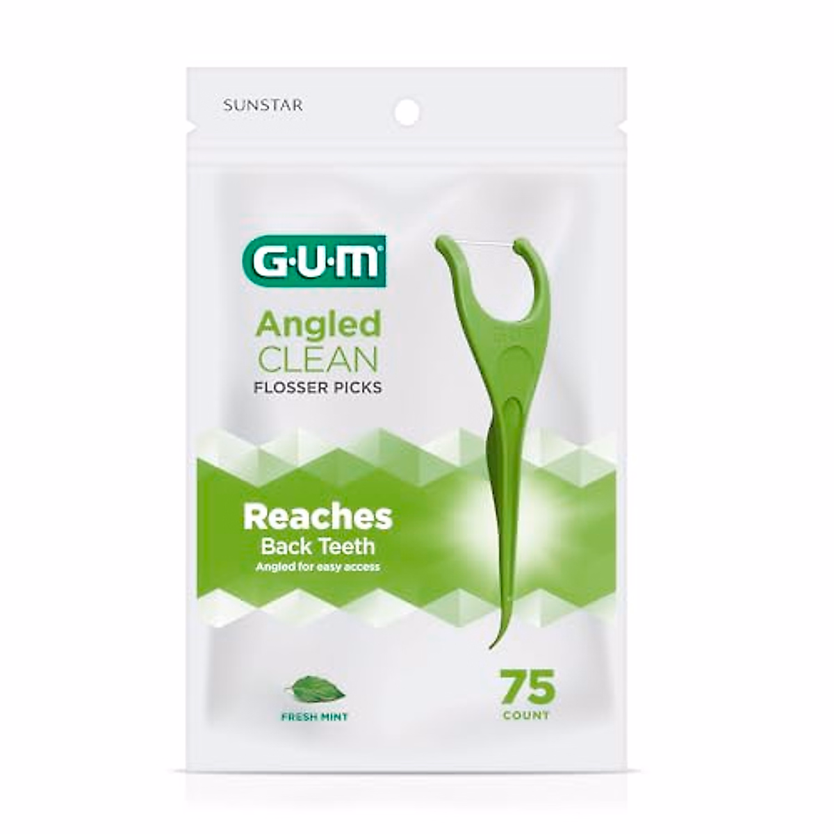 GUM Angled Floss Picks, Perfect for Tight Teeth, Extra Strong Shred-Resistant Dental Floss, Angled for Easy Reach, Dental Flossers for Adults, Fresh Mint Flavor, 75ct (4pk)