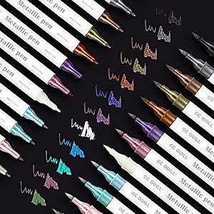 GC QUILL 12 Colors Metallic Marker Pens - Dual Tip Brush and Fine Point Pens for DIY Album, Black Cards, Scrapbooking, Craft Supplies, on Ceramic, Stone, Glass, Fabric GC-MP12