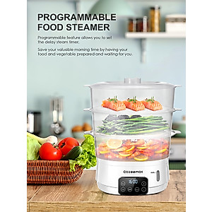 Cozeemax Electric Food Steamer for Cooking, 13.7QT Digital Vegetable Steamer 800W with 3 Tiers BPA Free Dishwasher Safe Lids and Stackable Baskets, Auto Shut-off, Boil Dry Protection (White)